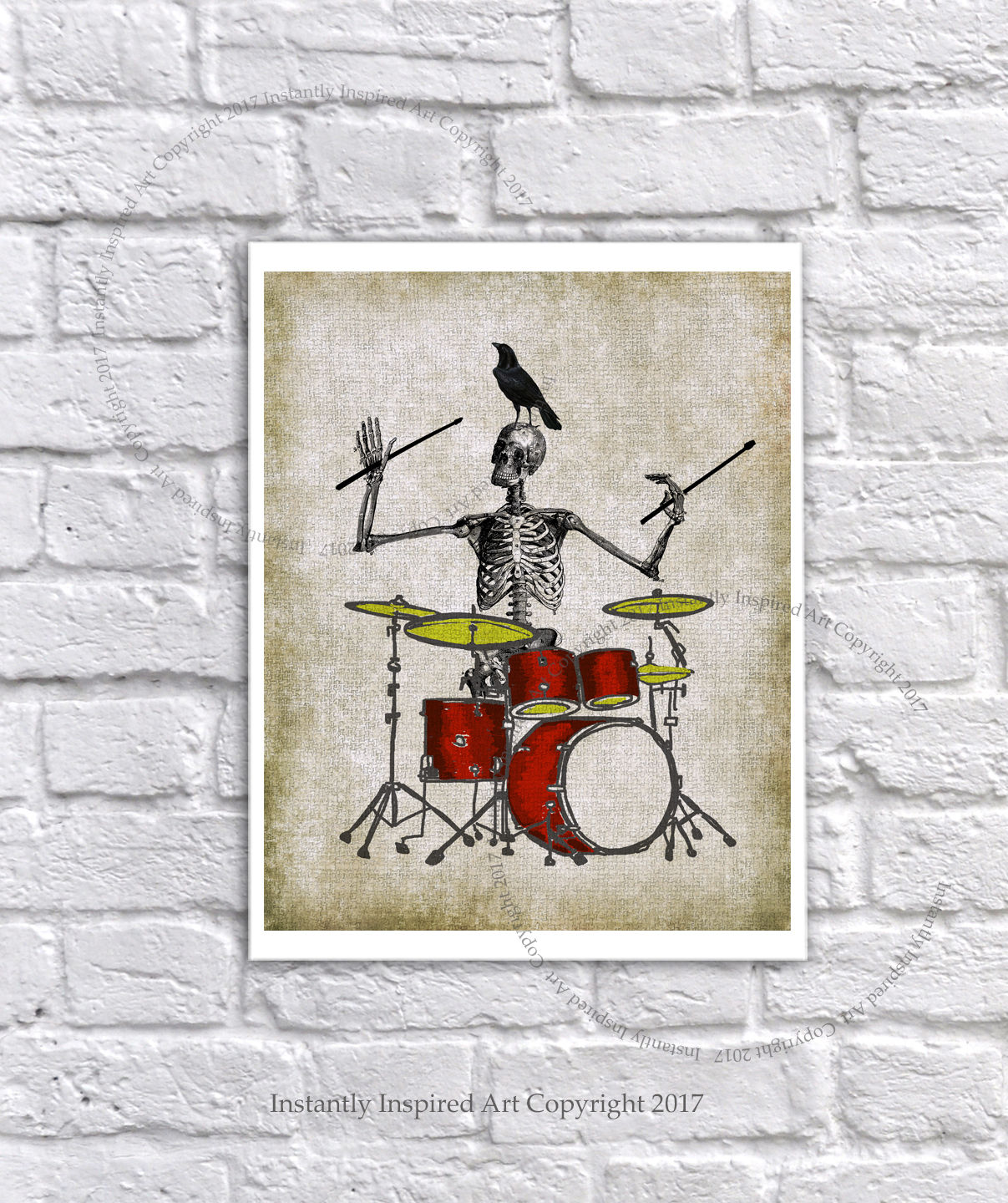 Halloween Wall Decor Skeleton Playing Drums Art Printable Instant ...