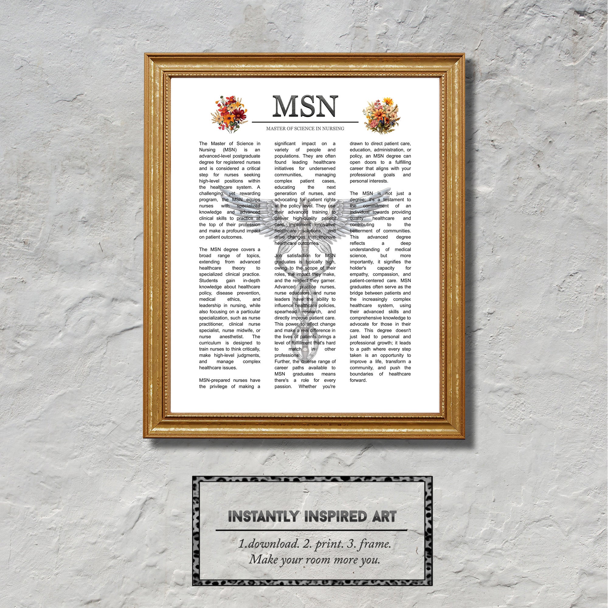 MSN Office Decor Master of Science in Nursing Caduceus With Flowers ...
