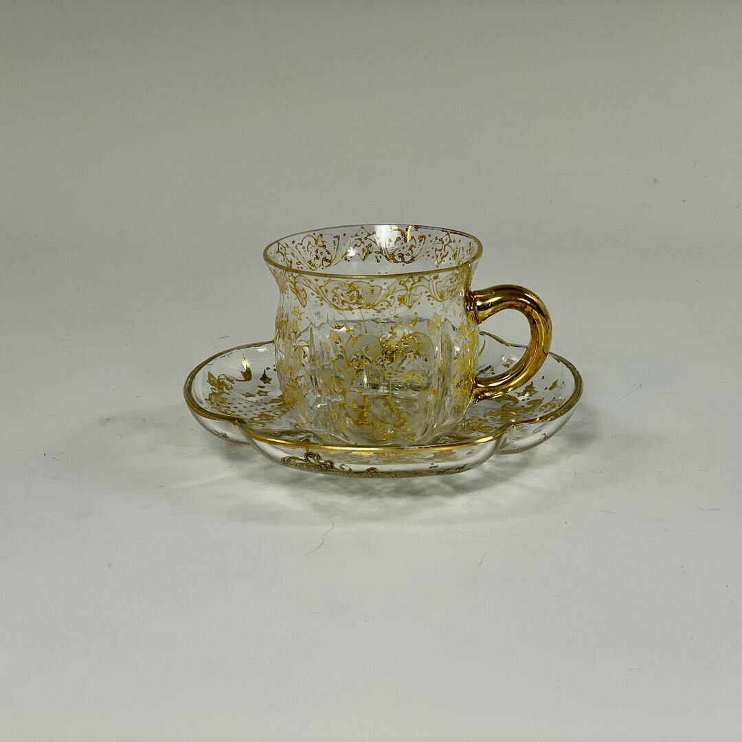 Bohemian Glass Cup & Saucer With Hand Painted Gilt Decoration - Etsy