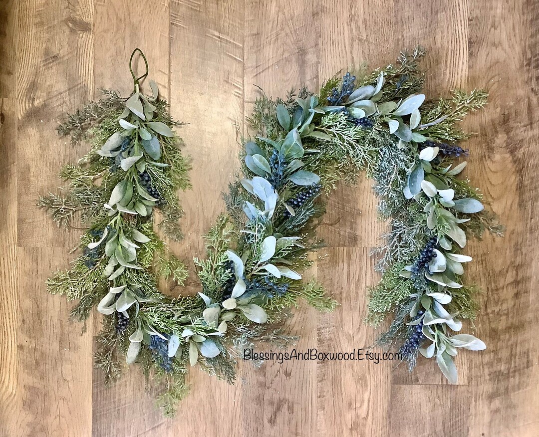 Blue Juniper Garland, Lambs Ear Garland, Blue Winter Garland, Christmas ...