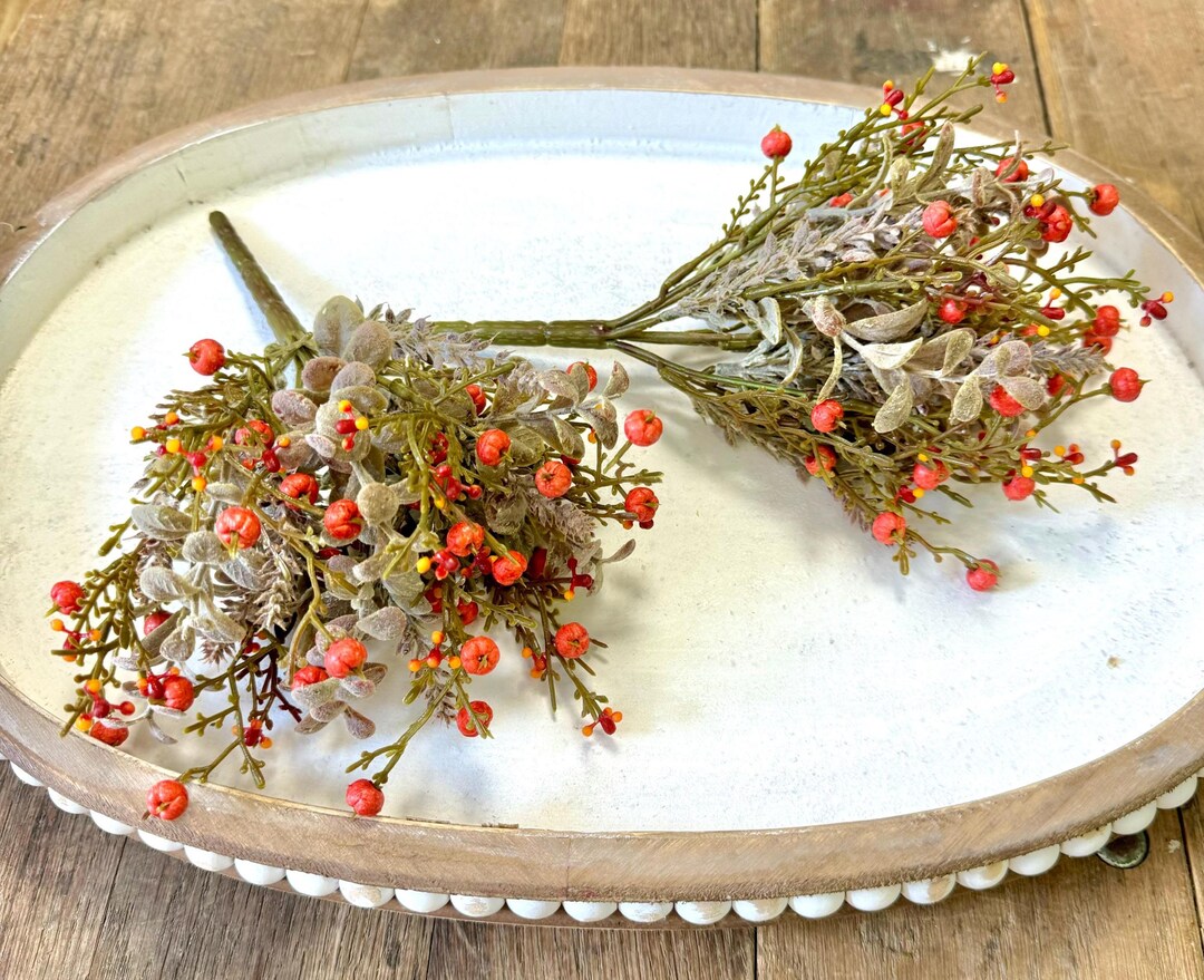 Fall Pumpkin Berry Bush Set: Flocked Eucalyptus Greenery, Autumn Decor ...