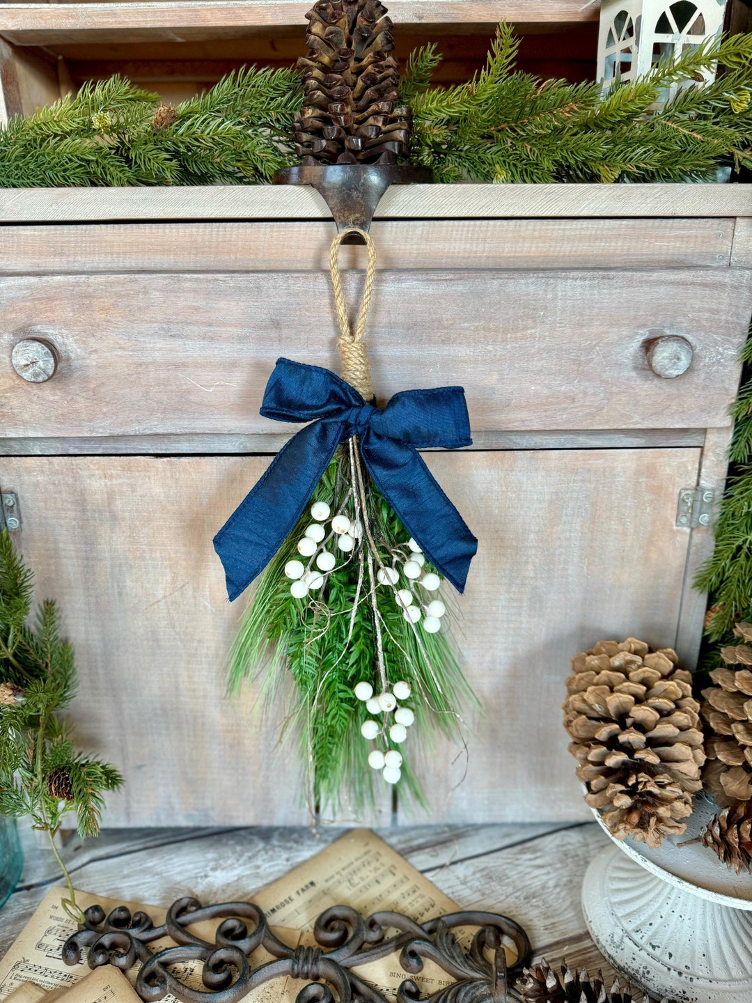 Winter Blue Juniper Swag, Winter White Chair Back Decor, Blue Mistletoe ...
