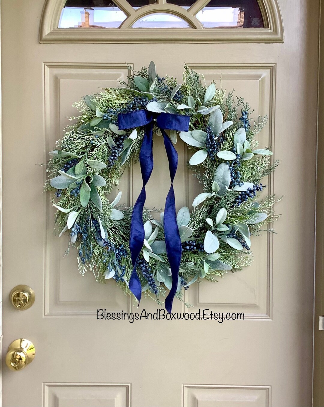 Blue Winter Wreath for Front Door, Juniper Berry Lambs Ear Door Wreath ...