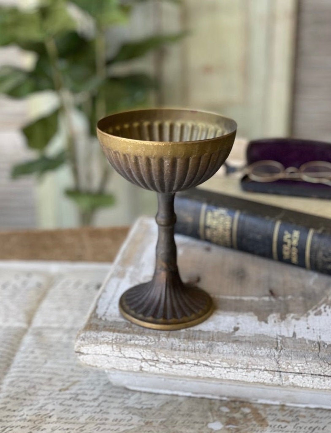 Antiqued Brass Urn Pedestal, Candle Holder, Rustic Metal Urn, Challis ...