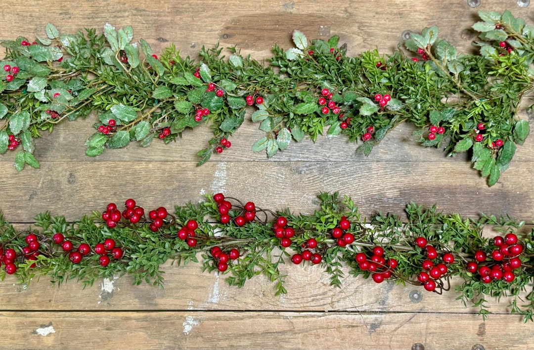 Christmas Holly Berry Garland | Christmas Boxwood Garland | Red and ...