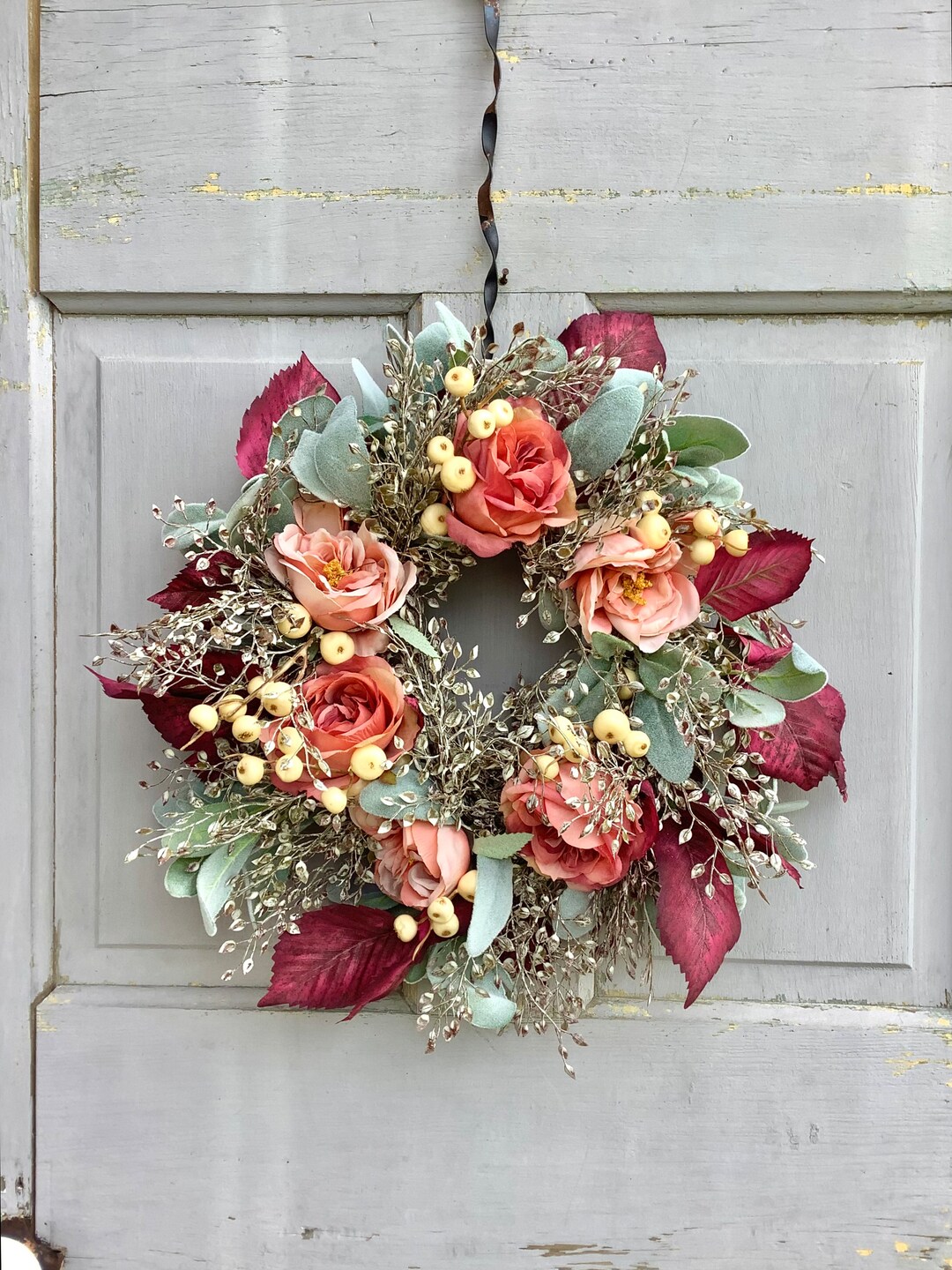 Fall Cabbage Rose Wreath, Floral Wreath for Front Door, Fall Peony ...