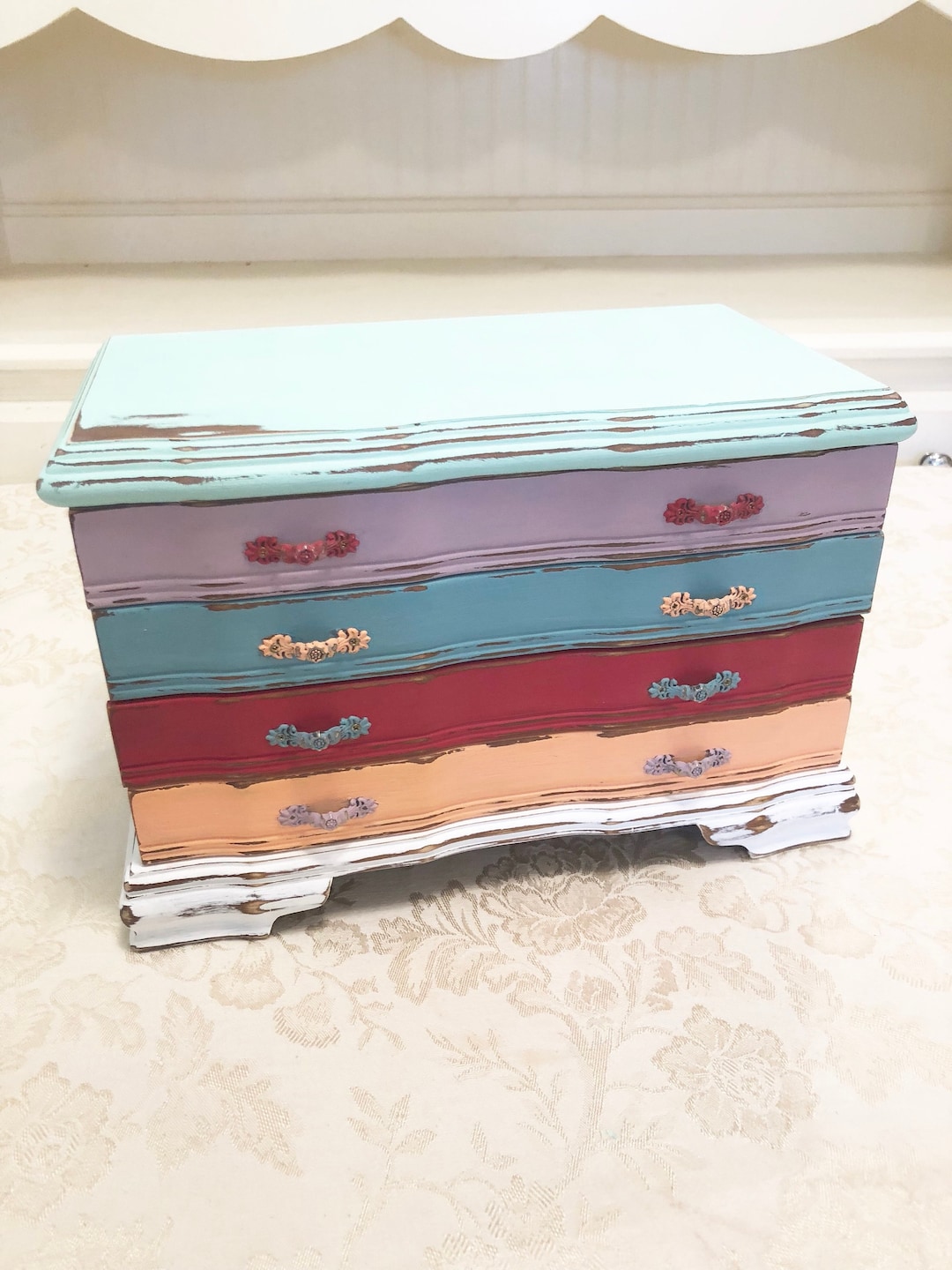 Hand Painted Chest Distressed Box Colorful Jewelry Storage Chest Bold ...