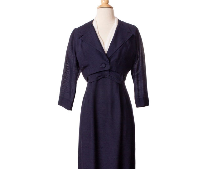 Vintage 1950s Silk Shantung Sheath Dress and Crop Jacket, Navy and ...