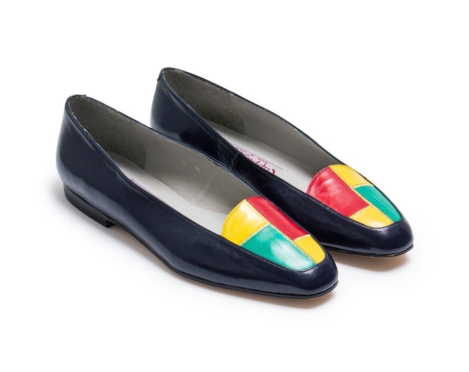 Vintage 1980s Patchwork Loafers, Red Yellow and Green 80s Navy Leather ...
