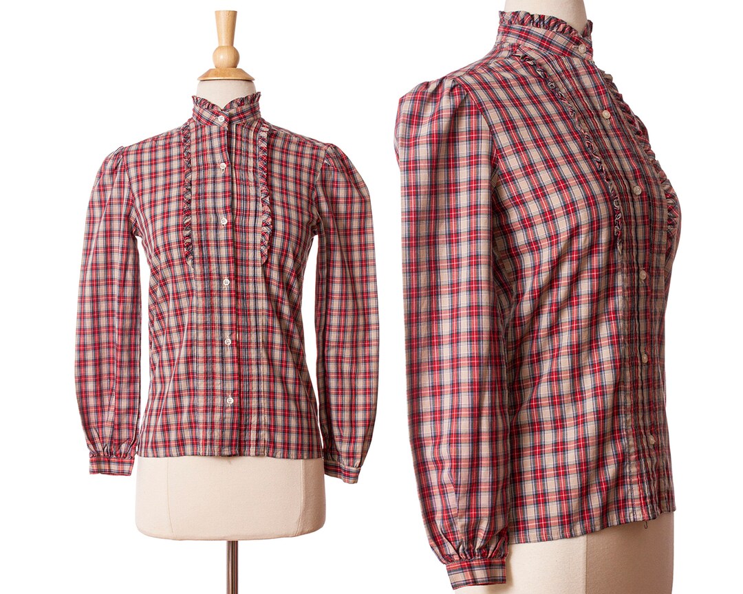 Vintage 1980s Plaid Ruffle Blouse, Red and Beige Cotton 80s Secretary ...