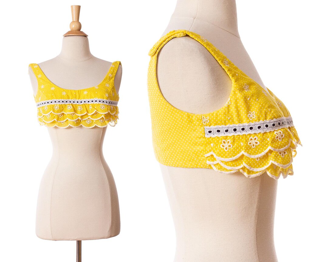 Vintage 1950s Yellow Cotton Swim Top, Swiss Dot 50s Ruffle Bathing Suit ...