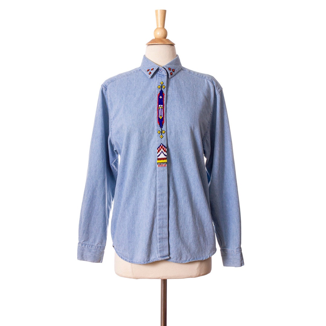 Vintage 1980s Hand-beaded Shirt, Blue Chambray 80s 90s Unisex ...