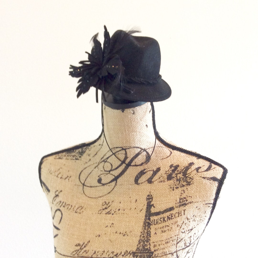 Mini Black Hat, Miniature Black Hat, Mini Hat With Band, Tea Party Hat ...