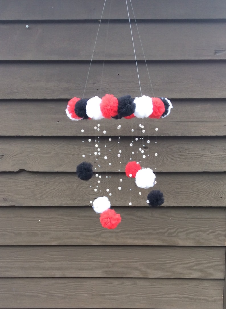 Black and Red Crystal Baby Mobile, Pom Pom Mobile, Black Red Nursery ...