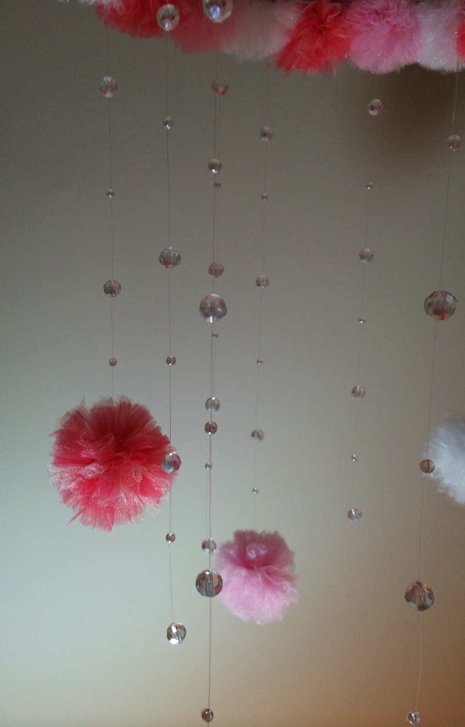 Crystal baby mobile coral baby mobile pom pom mobile pink | Etsy