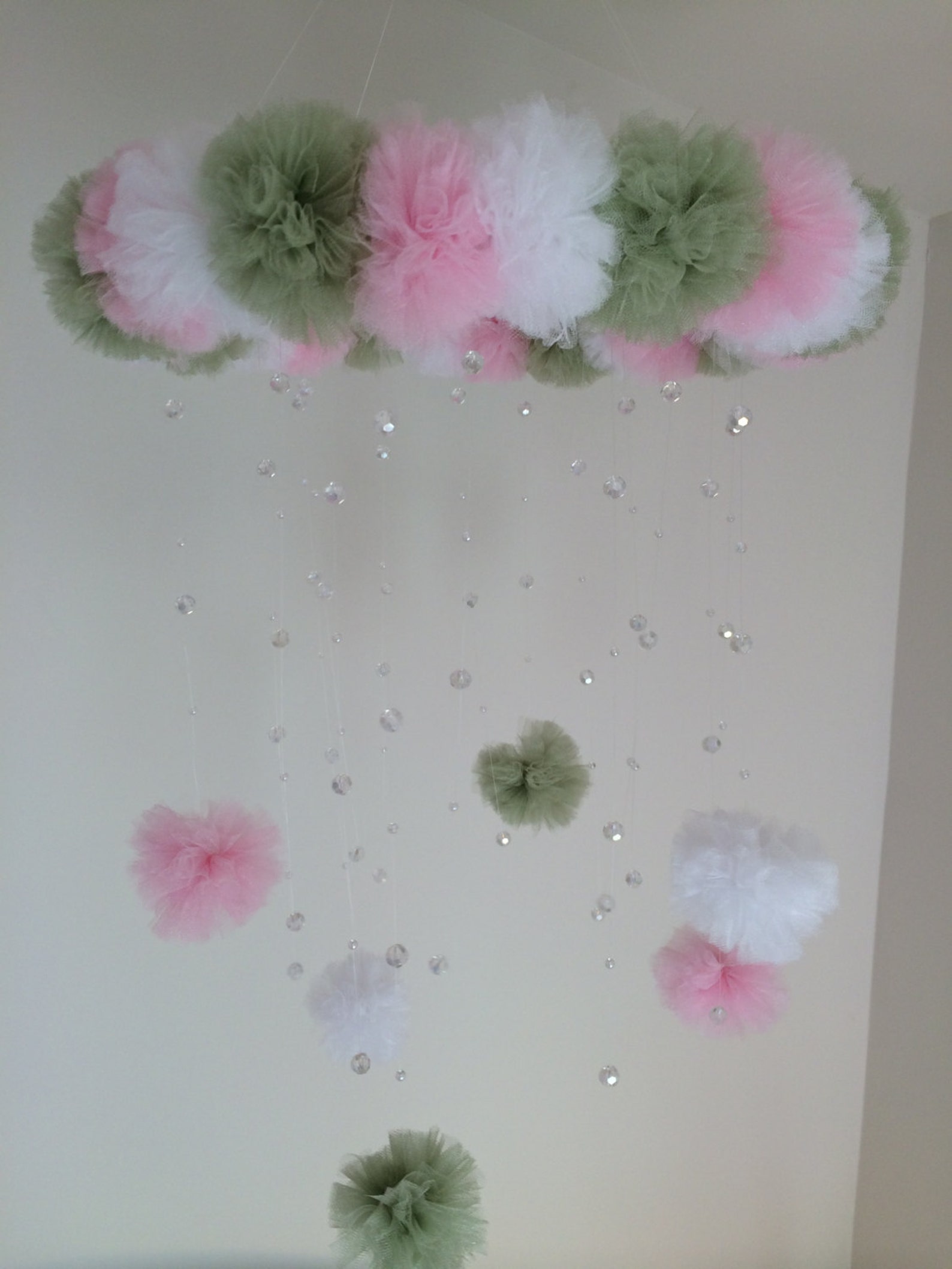 Pink and Green Crystal Baby Mobile, Pom Pom Puffball Baby Mobile, Baby ...