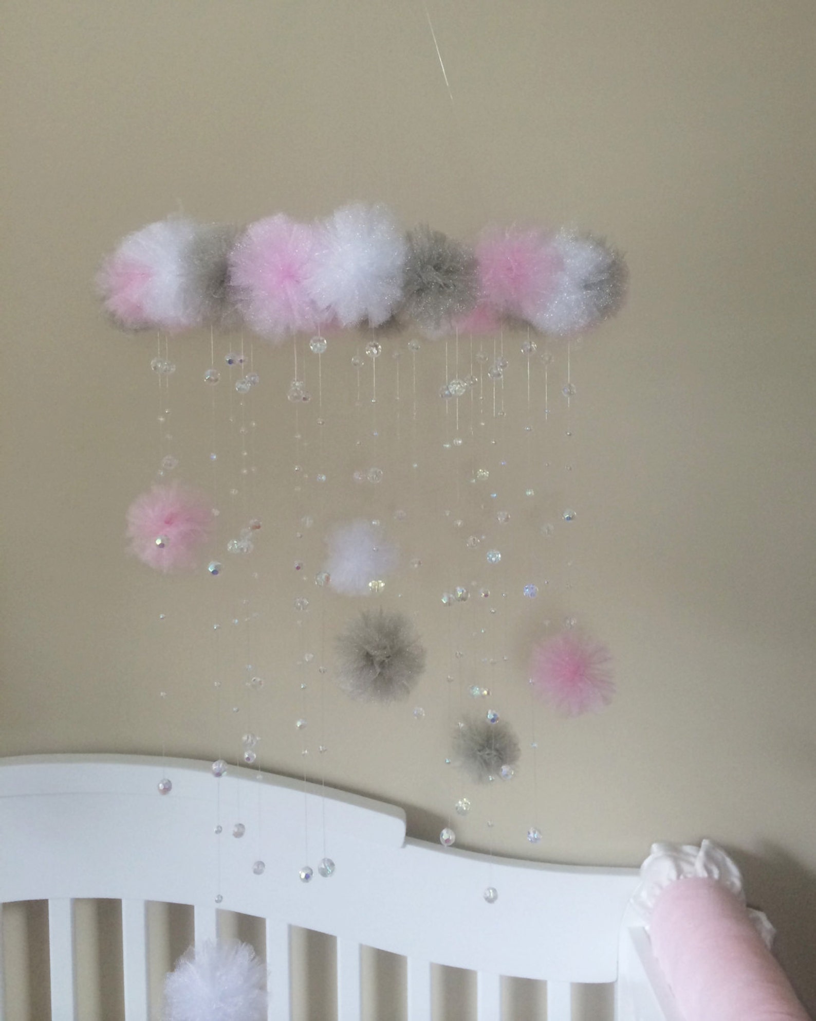 Pink and Grey Crystal Baby Mobile, Pom Pom Mobile, Princess Baby Mobile ...
