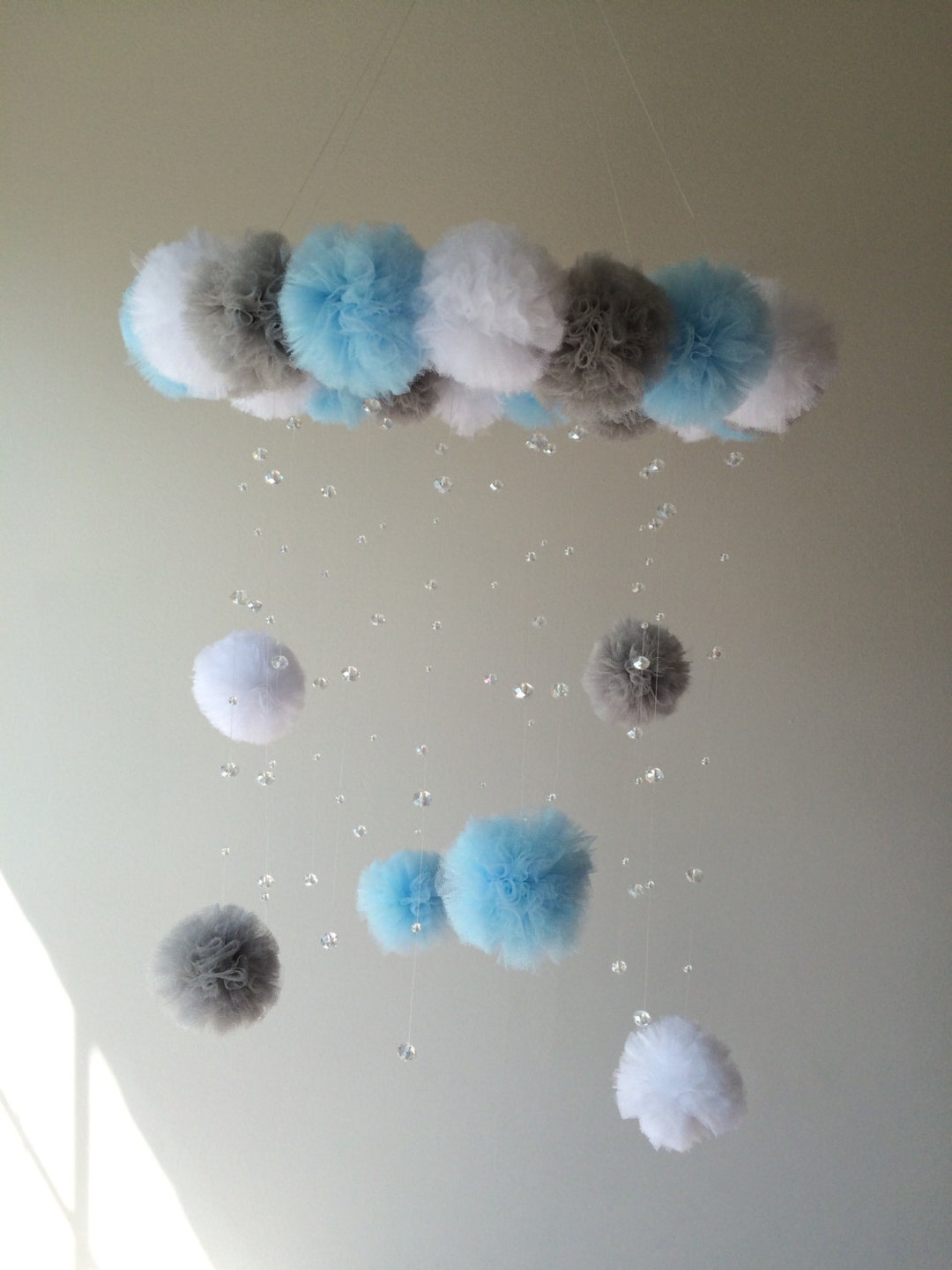 Blue and Gray Crystal Baby Mobile, Princess Mobile, Pom Pom Mobile ...