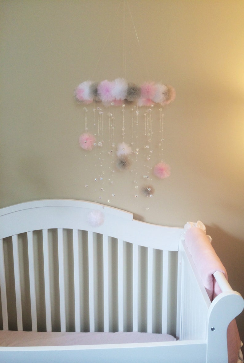 Pink and Grey Crystal Baby Mobile, Pom Pom Mobile, Princess Baby Mobile ...