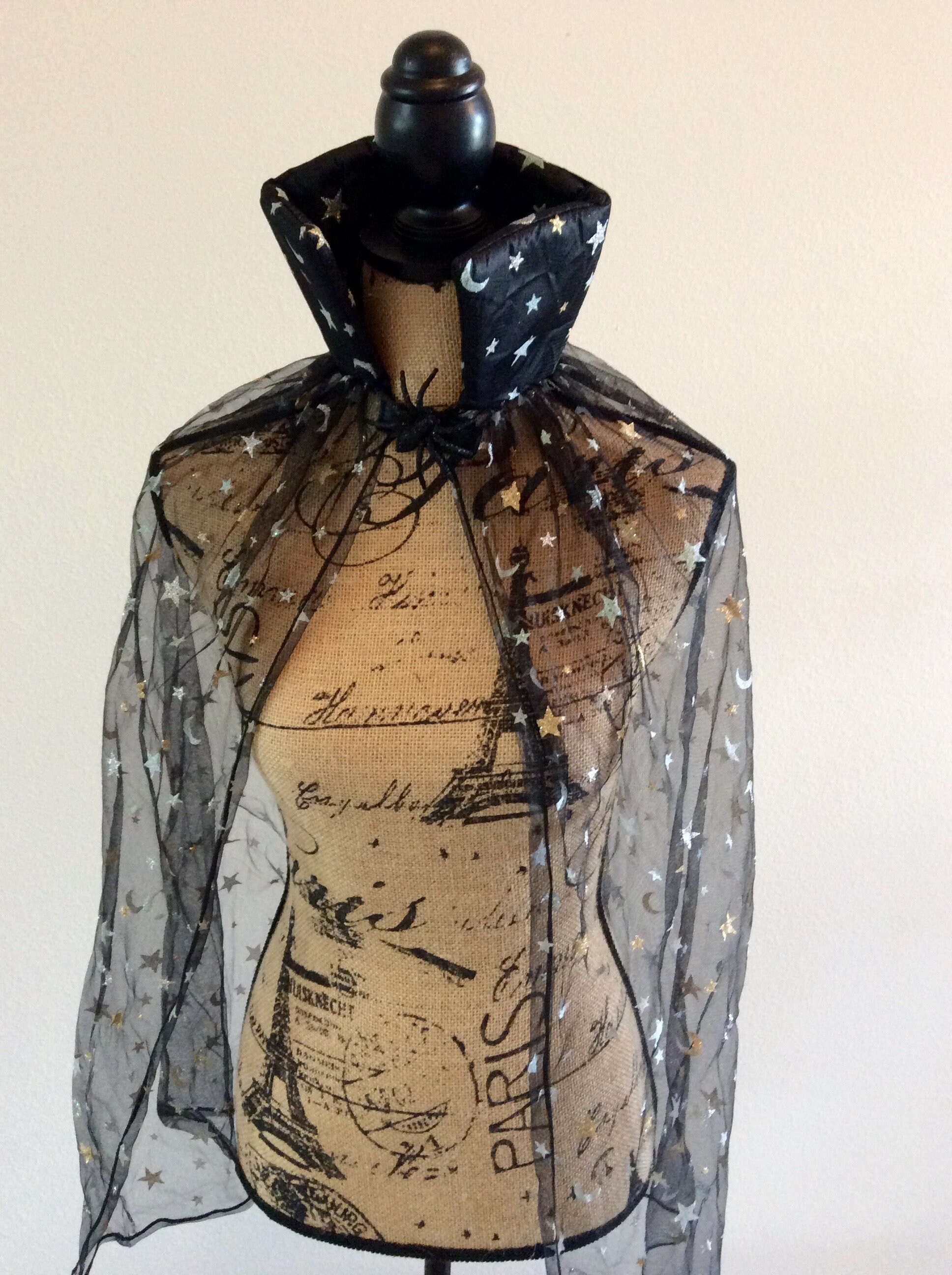 Moon and Stars Cape, Black Cape, Moon and Stars Cloak, Wizard Cape ...
