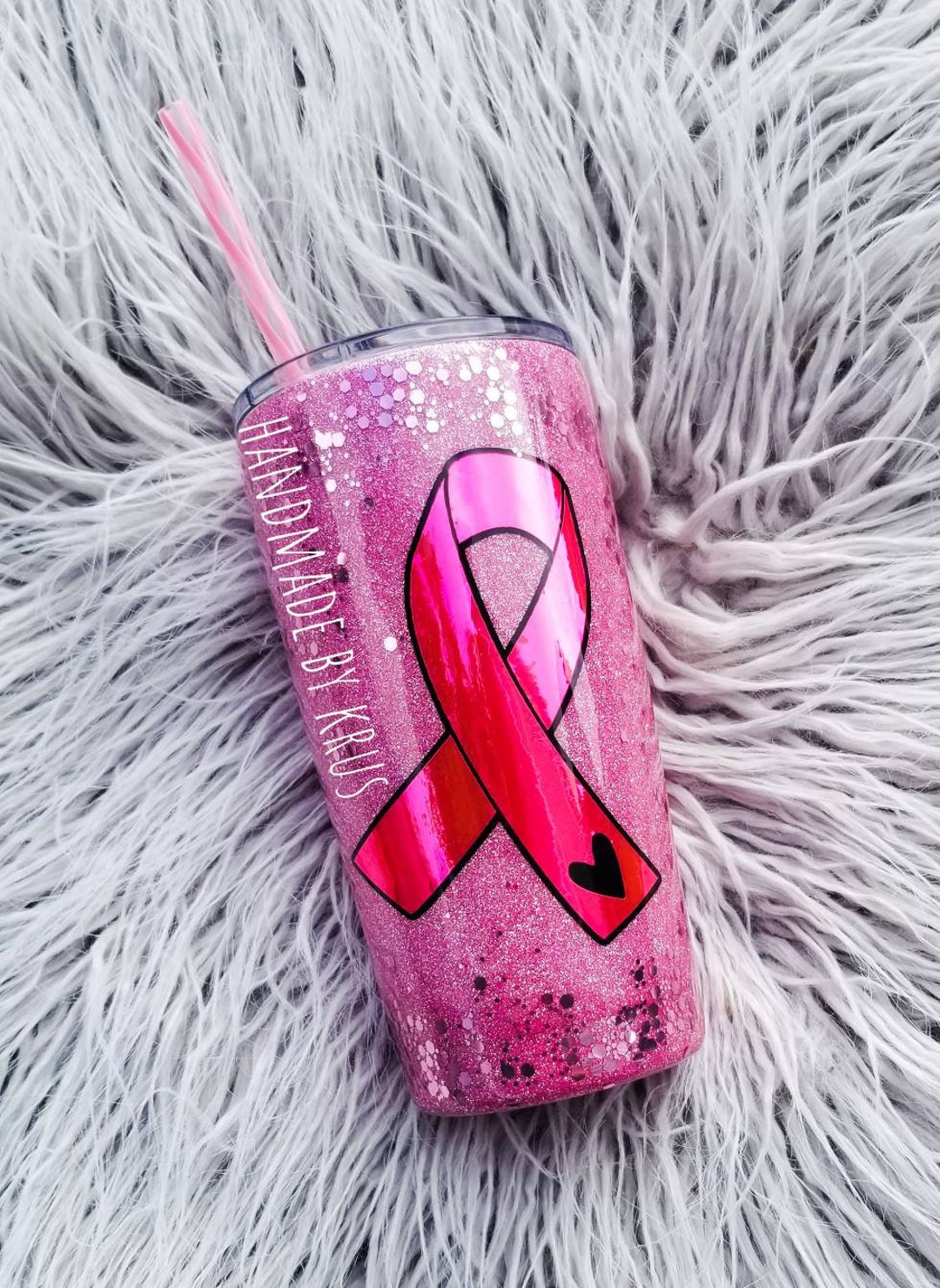 Breast Cancer Glitter Tumbler. Pink Glitter Cancer Holographic Ribbon ...