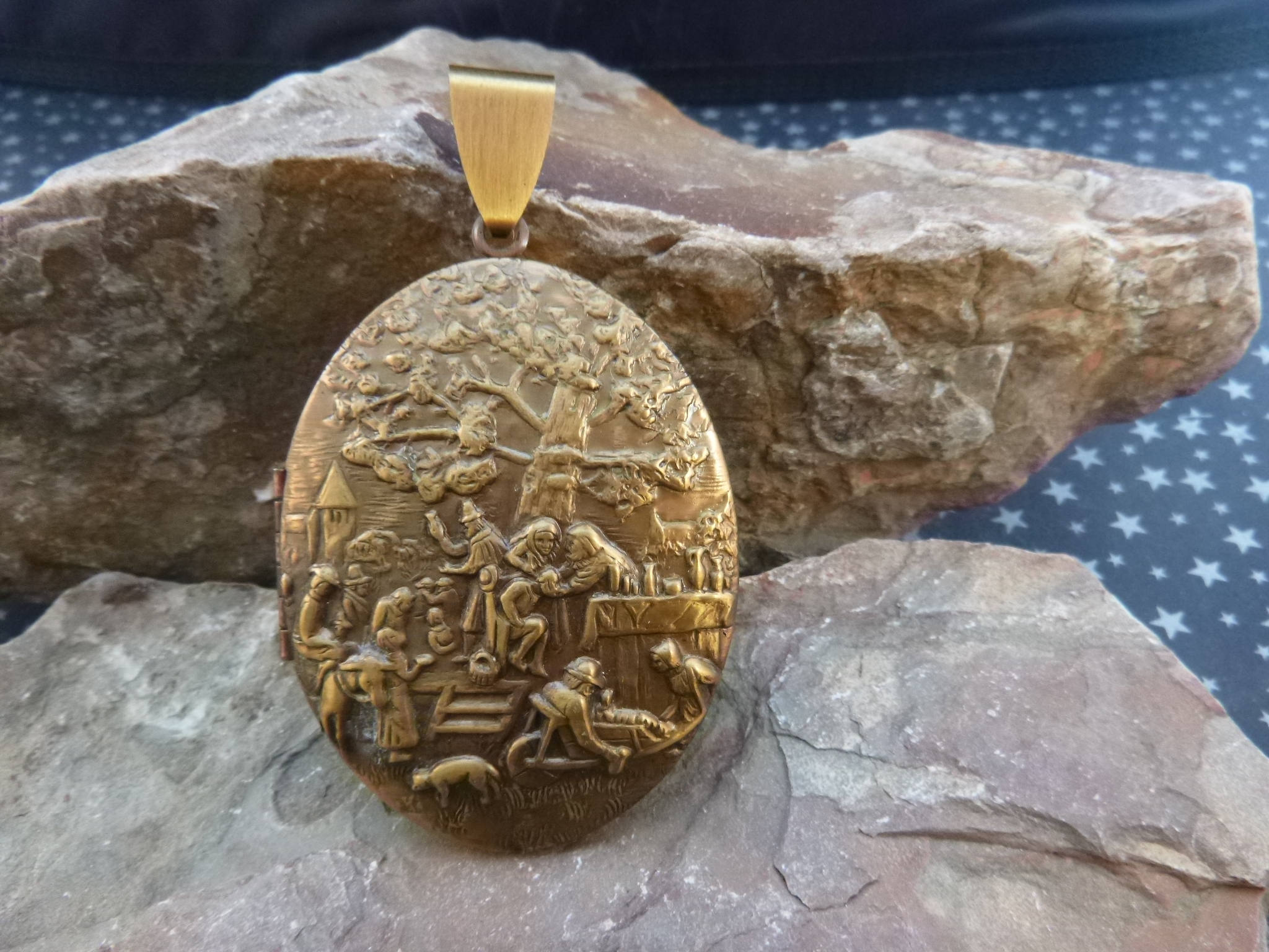 Medieval Scene Large Vintage Brass Locket Pendant in Raised Relief ...