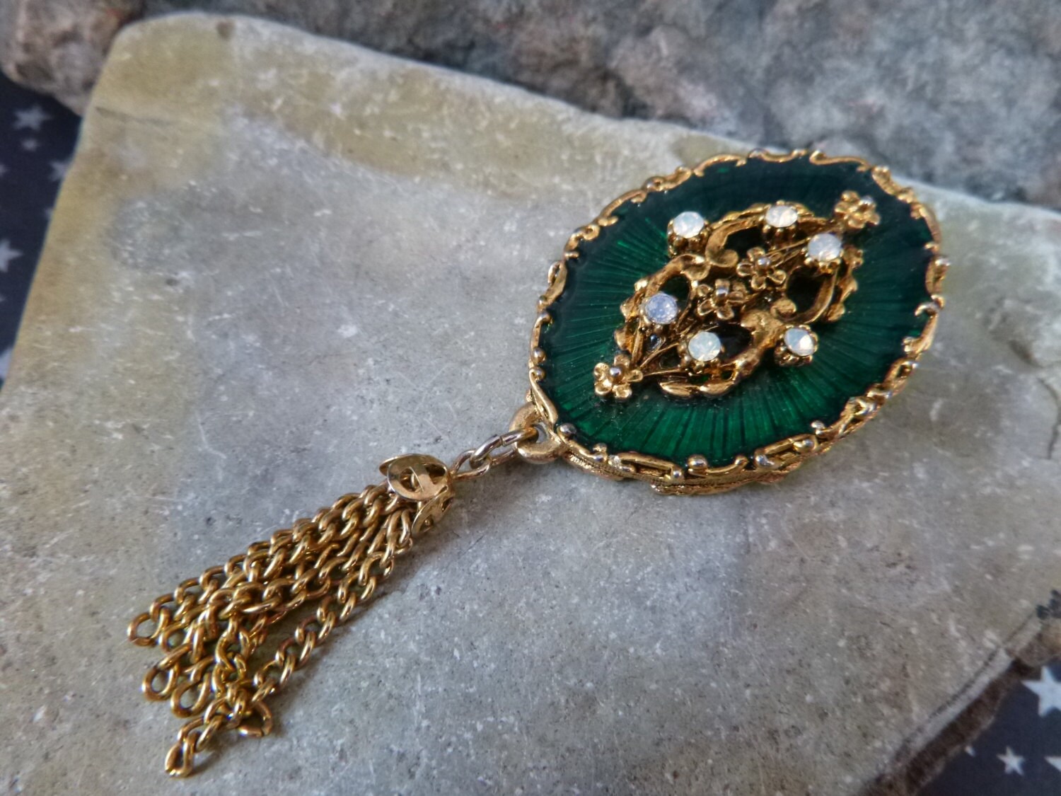 Victorian Revival Mid Century LJM Dark Green Oval with Faux Opals and ...