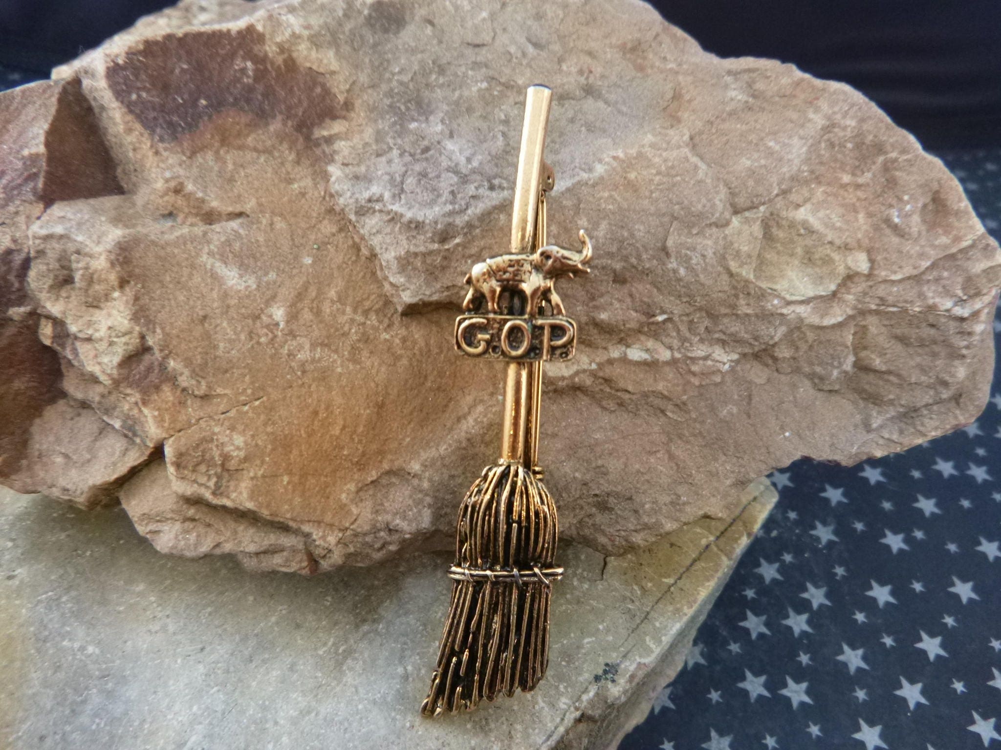 GOP Elephant “Clean Sweep” Broom Political Republican Vintage Pin