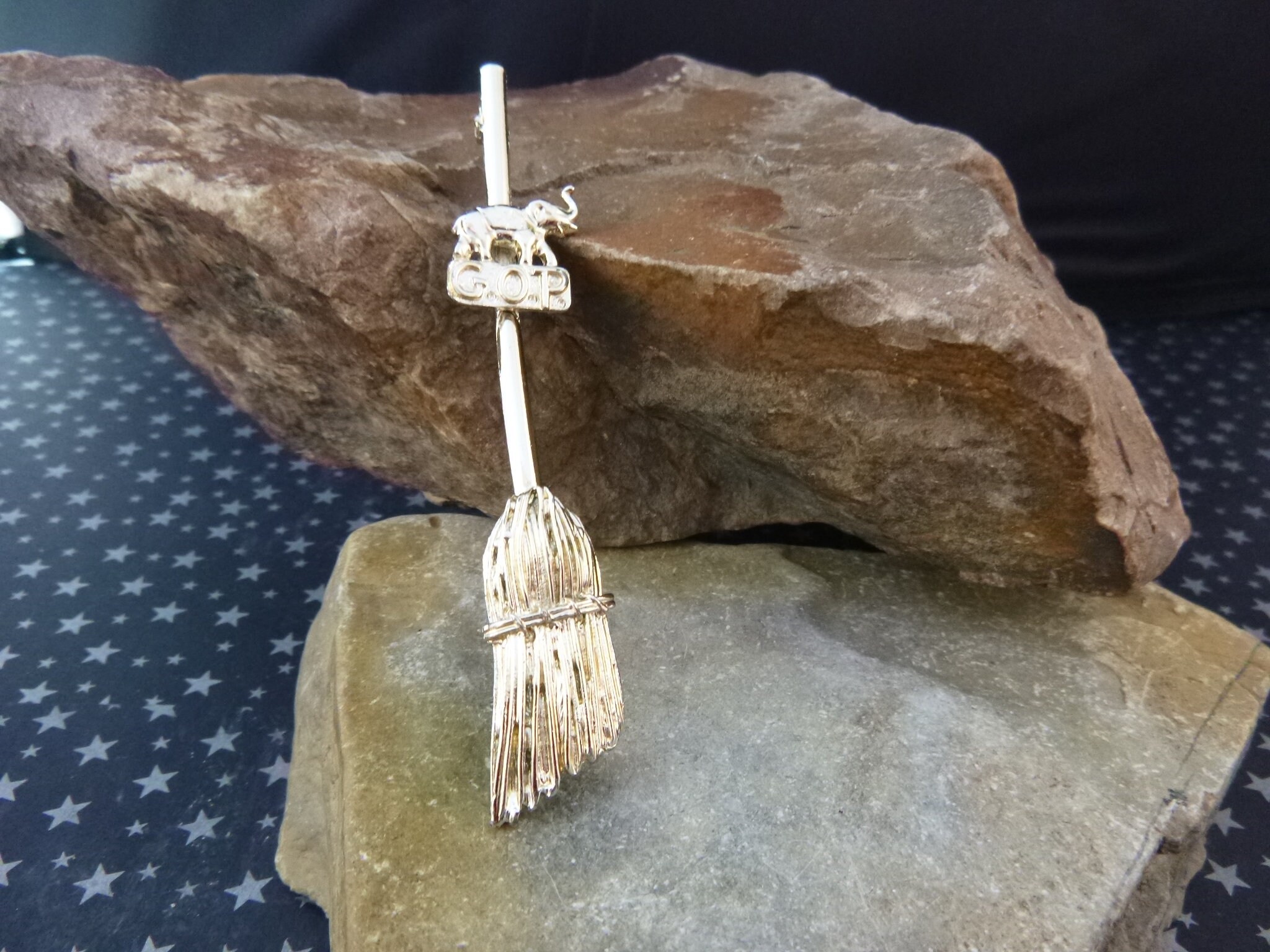 GOP Elephant “Clean Sweep” Broom Political Republican Vintage Pin