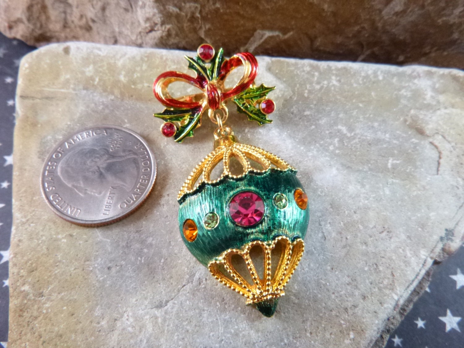 Vintage Christmas Tree Ornament Dangling from Bow Bright Enamel and ...