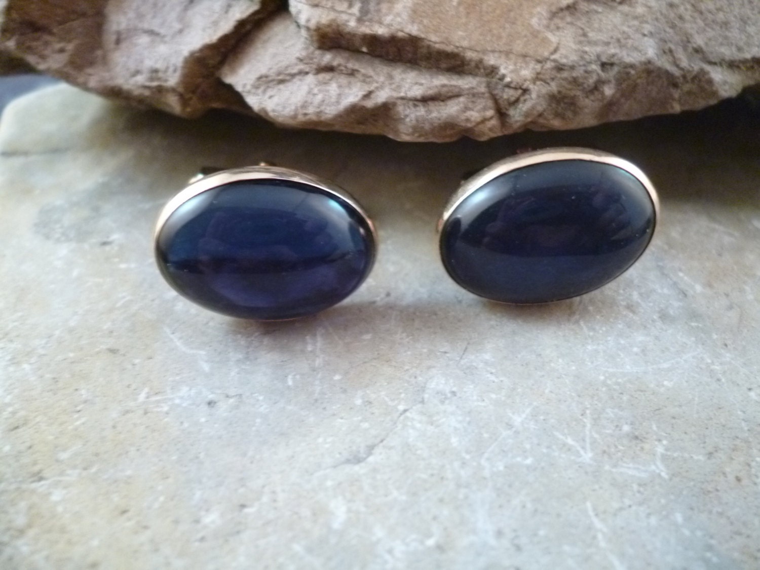 Vintage Swank Cuff Links /Cufflinks with Large Blue Cabochon Glass Stones