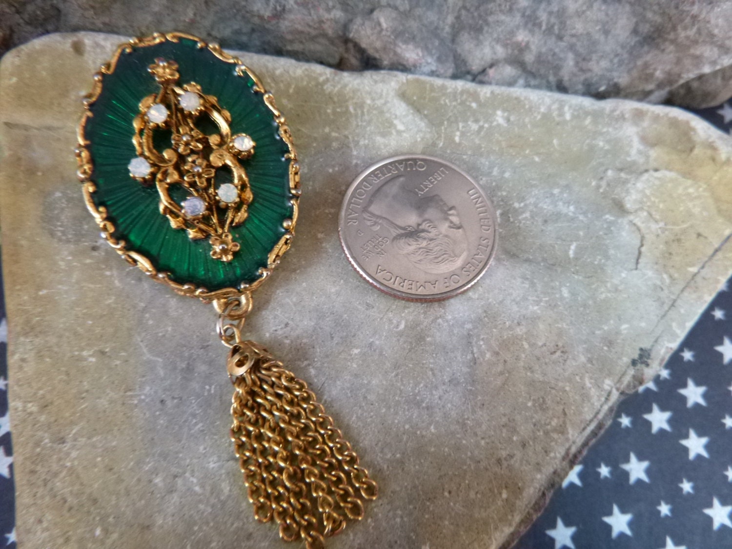Victorian Revival Mid Century LJM Dark Green Oval with Faux Opals and ...