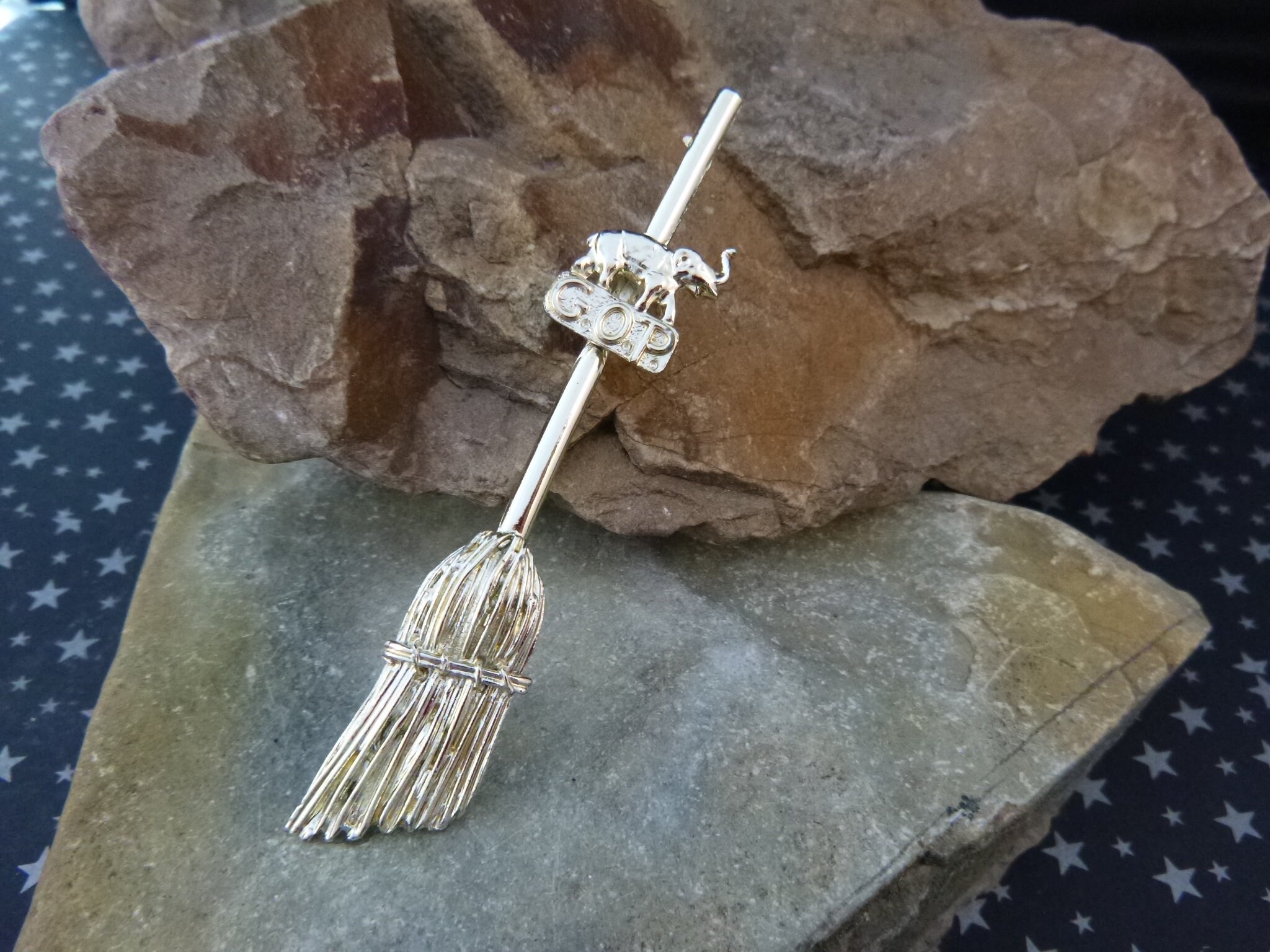 GOP Elephant “Clean Sweep” Broom Political Republican Vintage Pin