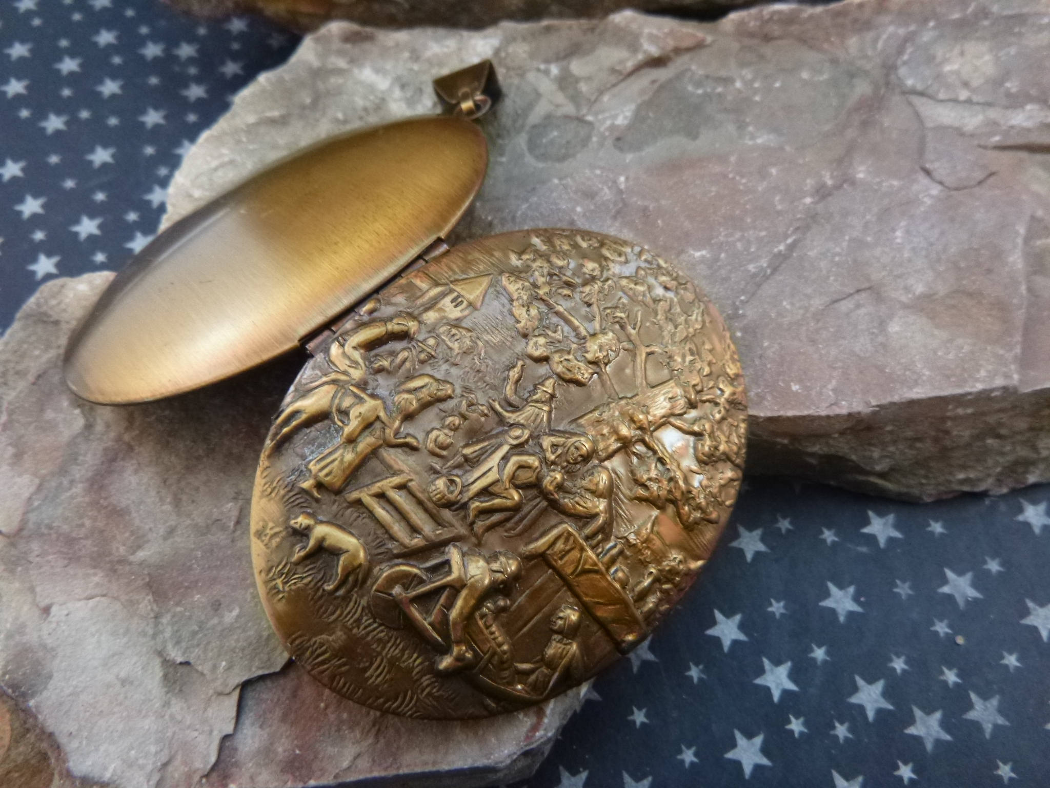 Medieval Scene Large Vintage Brass Locket Pendant in Raised Relief ...