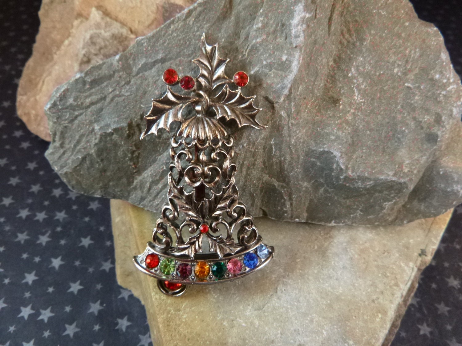 Vintage Beatrix Large Christmas Bell Pin with Bright Rhinestones pre-l975