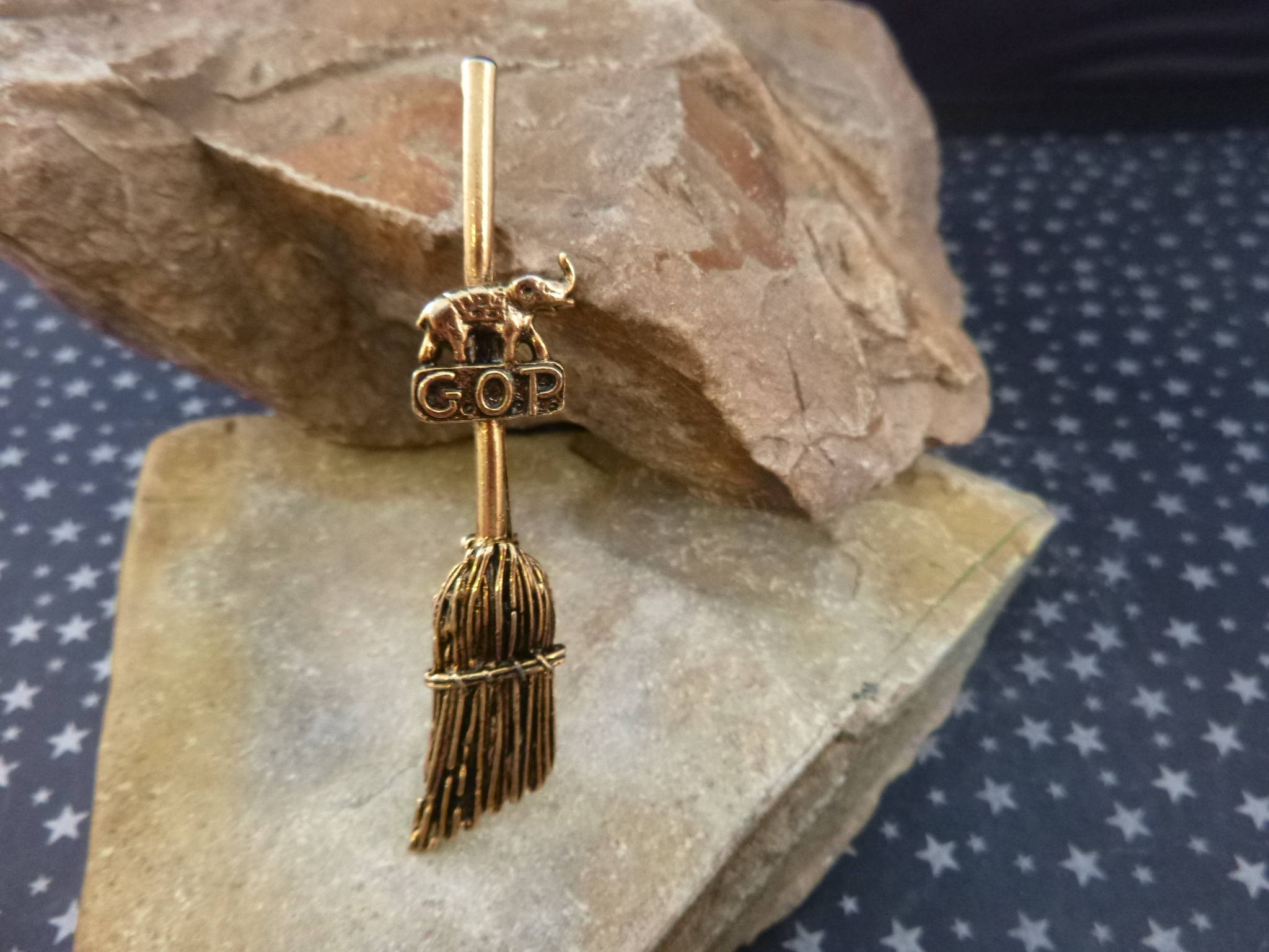 GOP Elephant “Clean Sweep” Broom Political Republican Vintage Pin