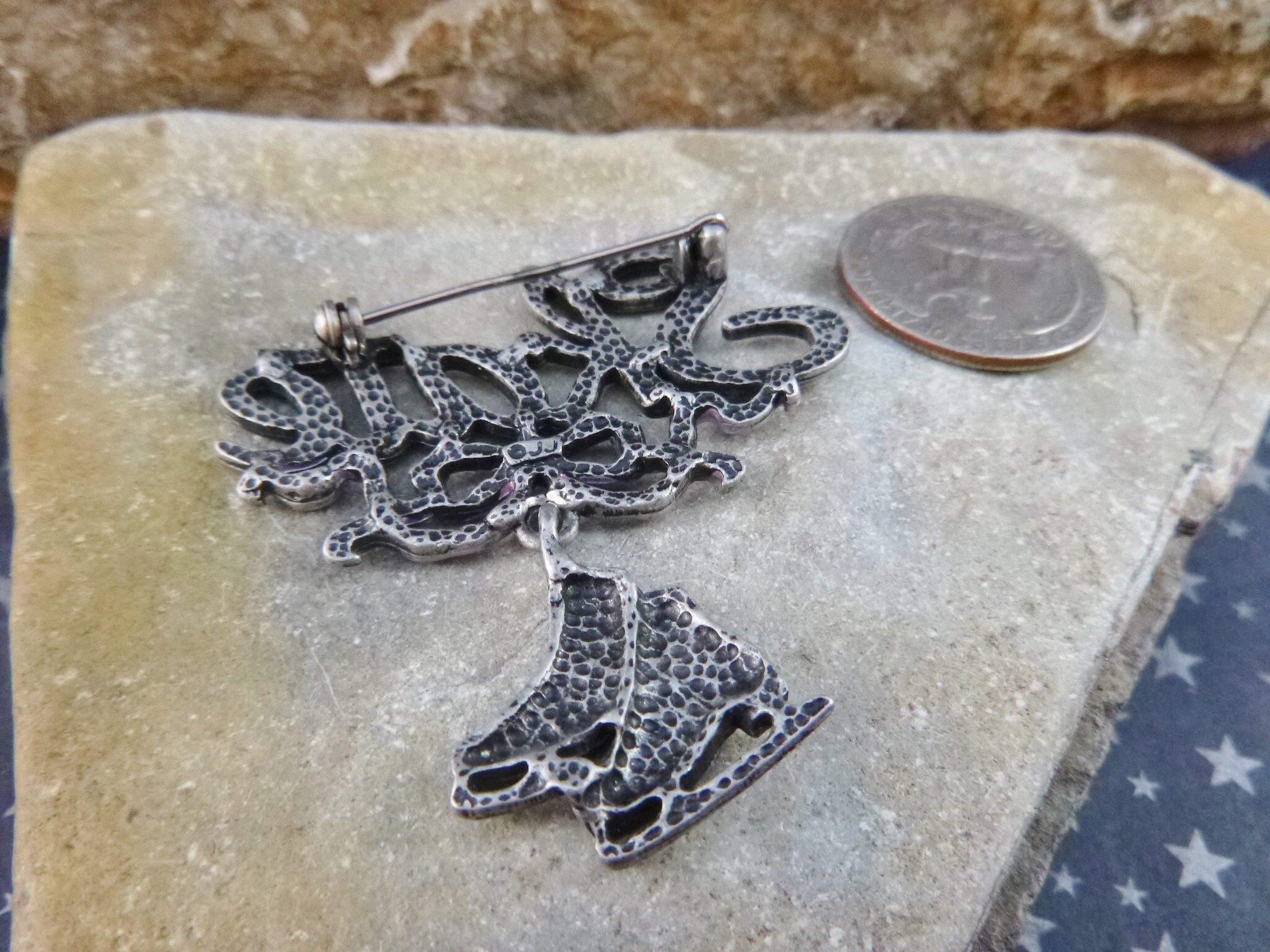 Ice Skater Vintage Pewter JJ Pin | Ice Skates Dangle From Pink Bow ...