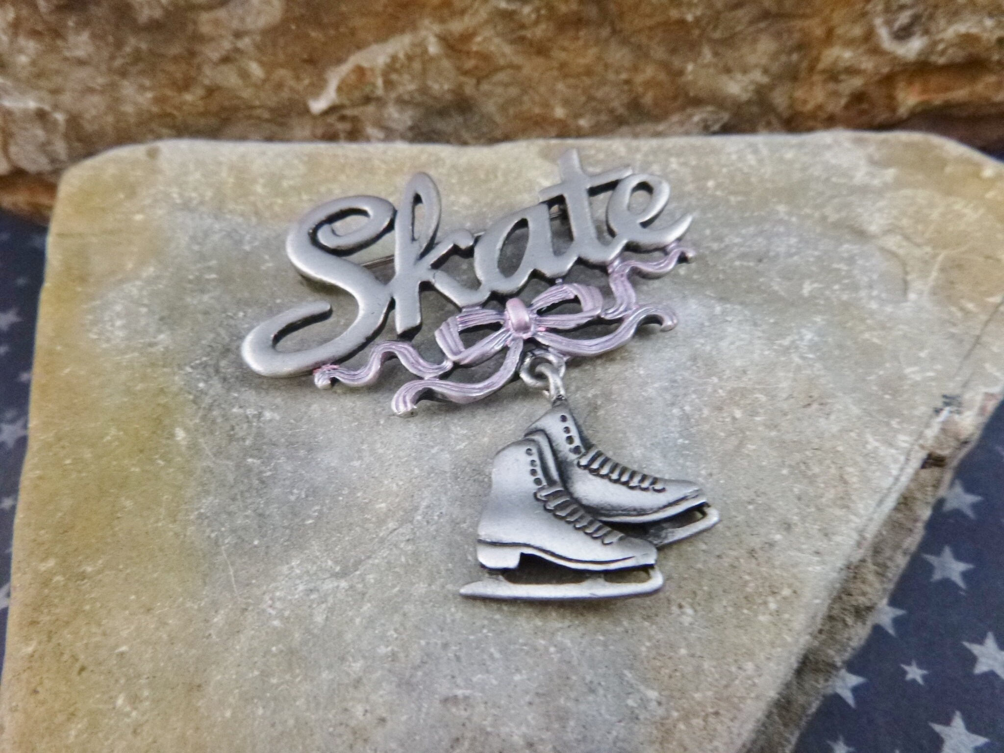 Ice Skater Vintage Pewter JJ Pin | Ice Skates Dangle From Pink Bow ...