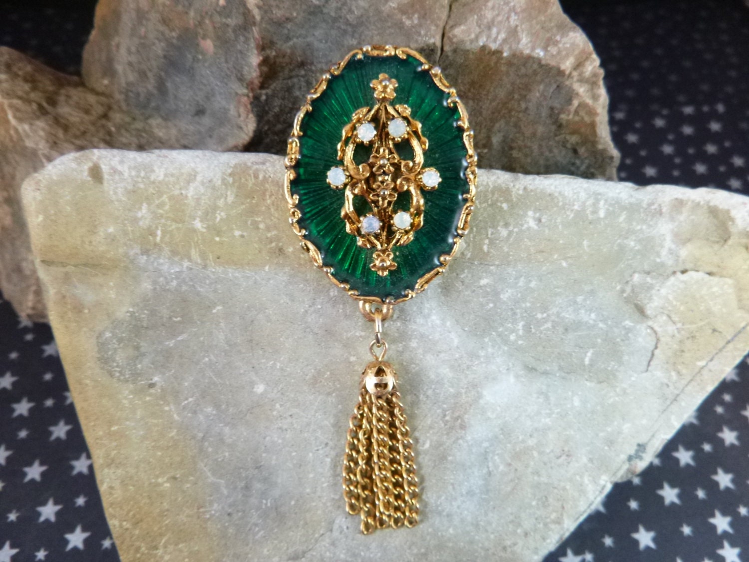 Victorian Revival Mid Century LJM Dark Green Oval with Faux Opals and ...
