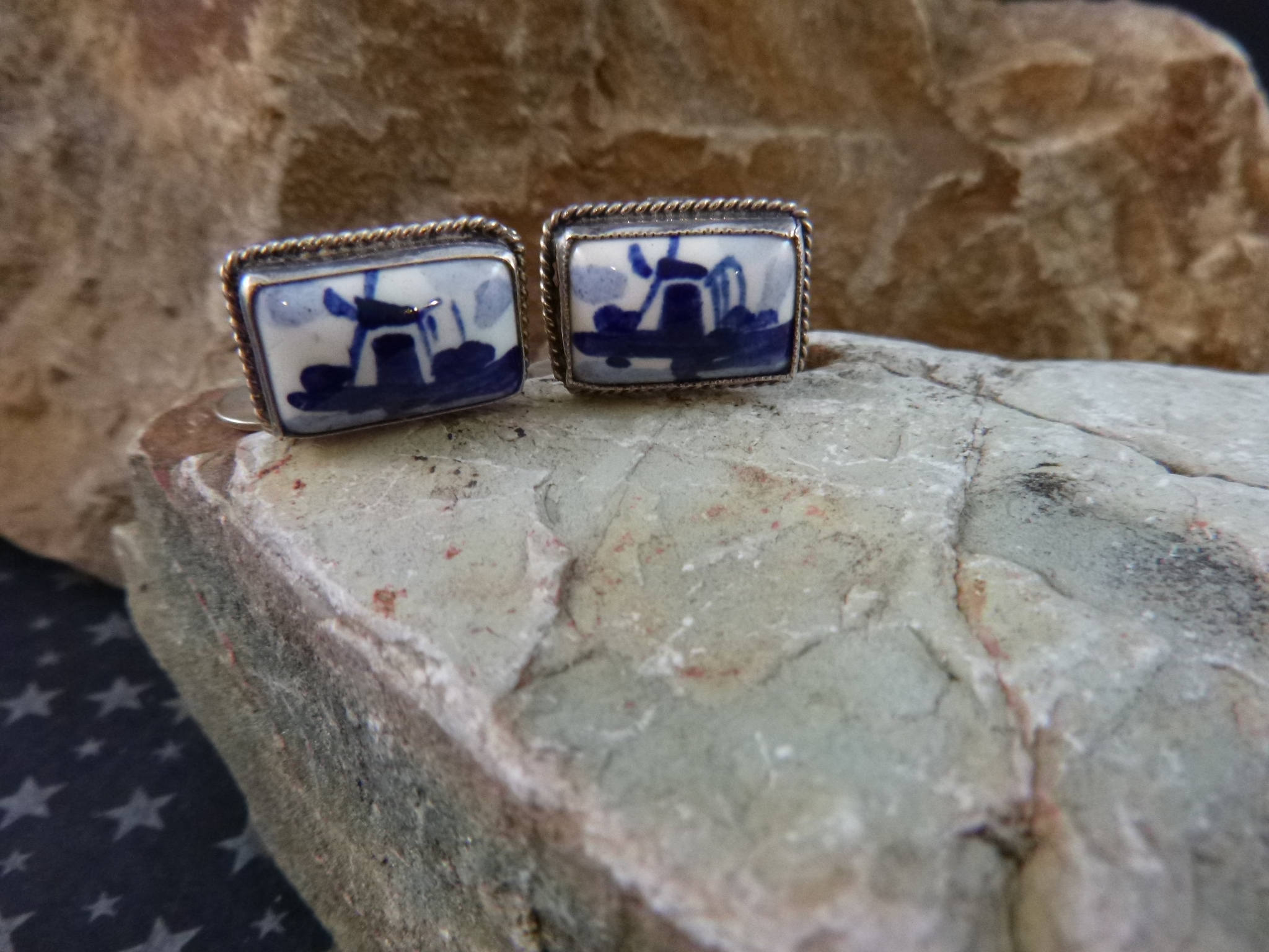 1920s Delft Windmill Cuff Links Blue and White Porcelain 835 Silver ...
