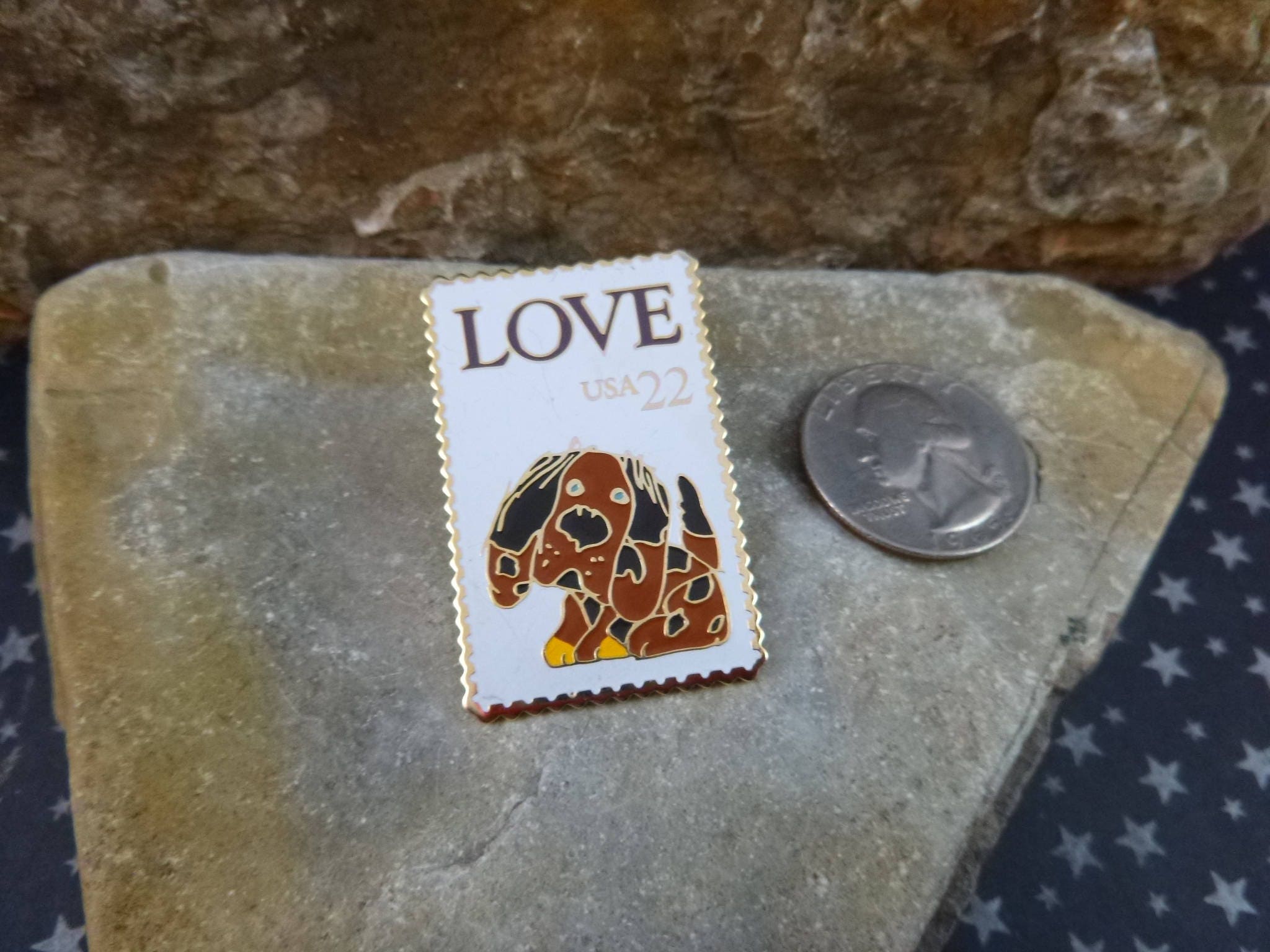 Love Dogs? Puppies? 1985 LOVE USA 22 Cent Postage Stamp Pin with a Cute ...
