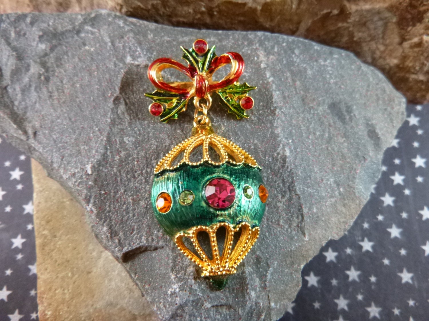 Vintage Christmas Tree Ornament Dangling from Bow Bright Enamel and ...
