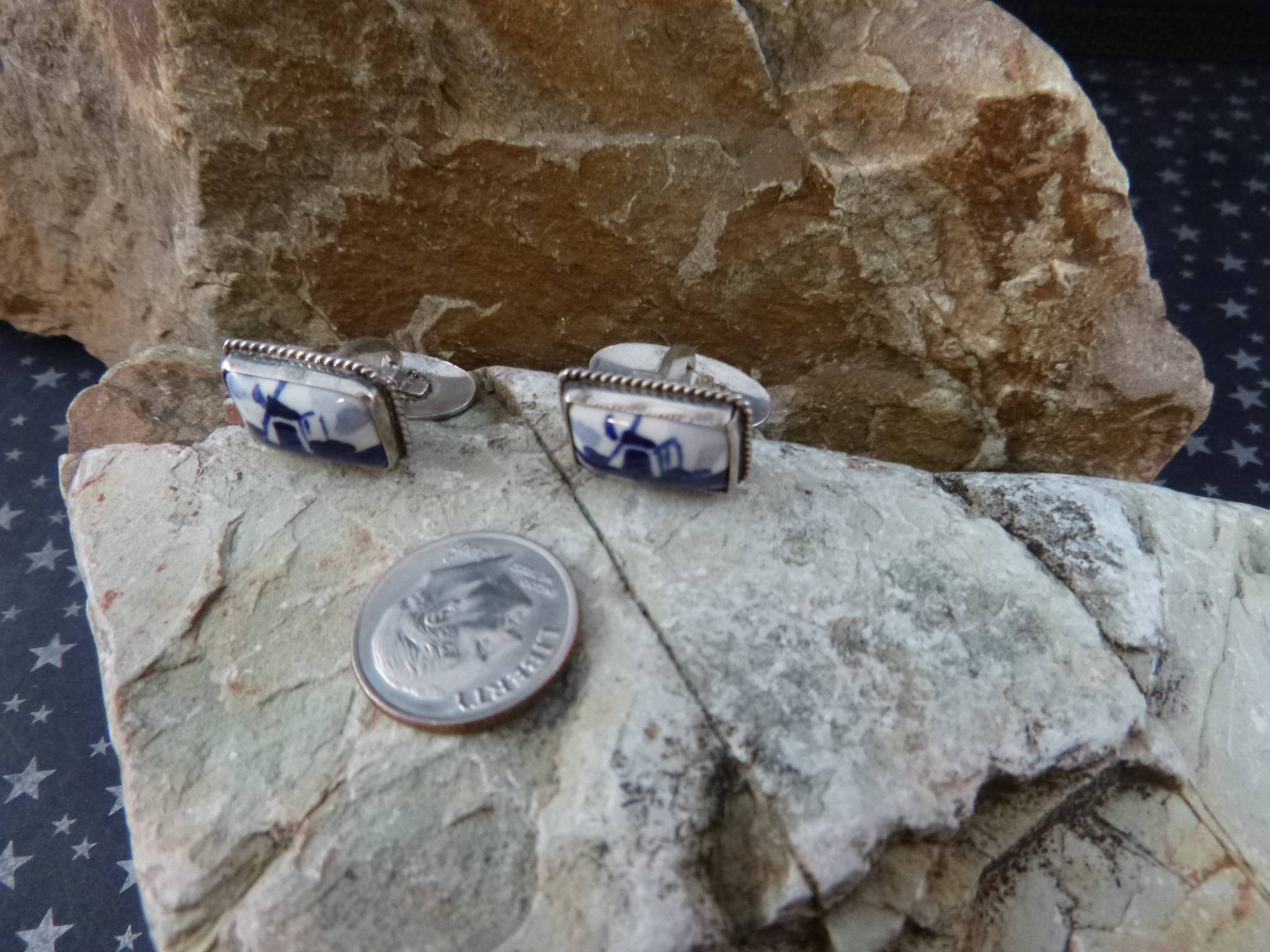 1920s Delft Windmill Cuff Links Blue and White Porcelain 835 Silver ...