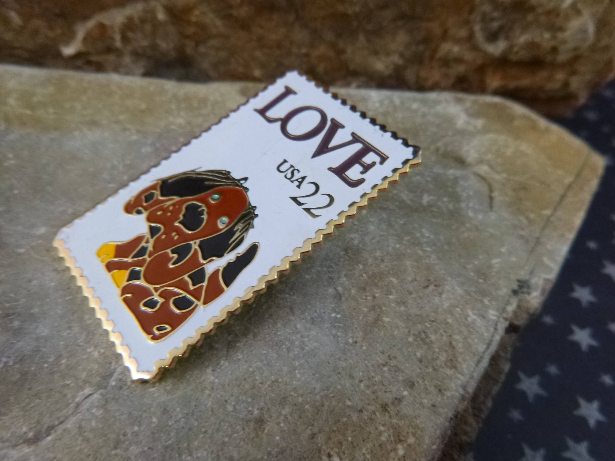 Love Dogs? Puppies? 1985 LOVE USA 22 Cent Postage Stamp Pin with a Cute ...