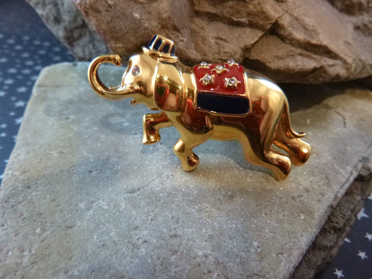 Republican Patriotic Red White and Blue Elephant Figural Monet Vintage Pin