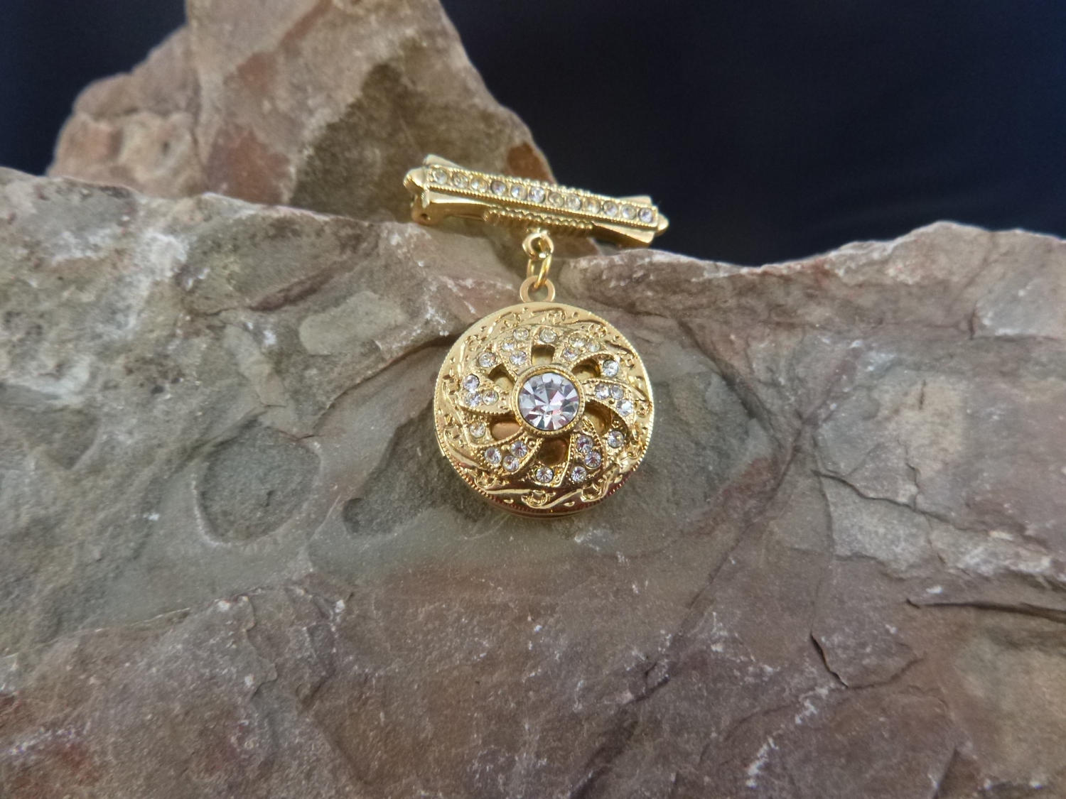 Rhinestone Locket Brooch | Vintage Victorian Revival Bar Pin with ...