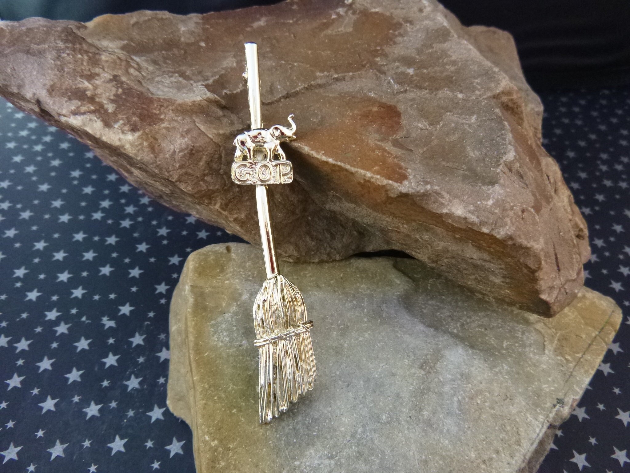 GOP Elephant “Clean Sweep” Broom Political Republican Vintage Pin