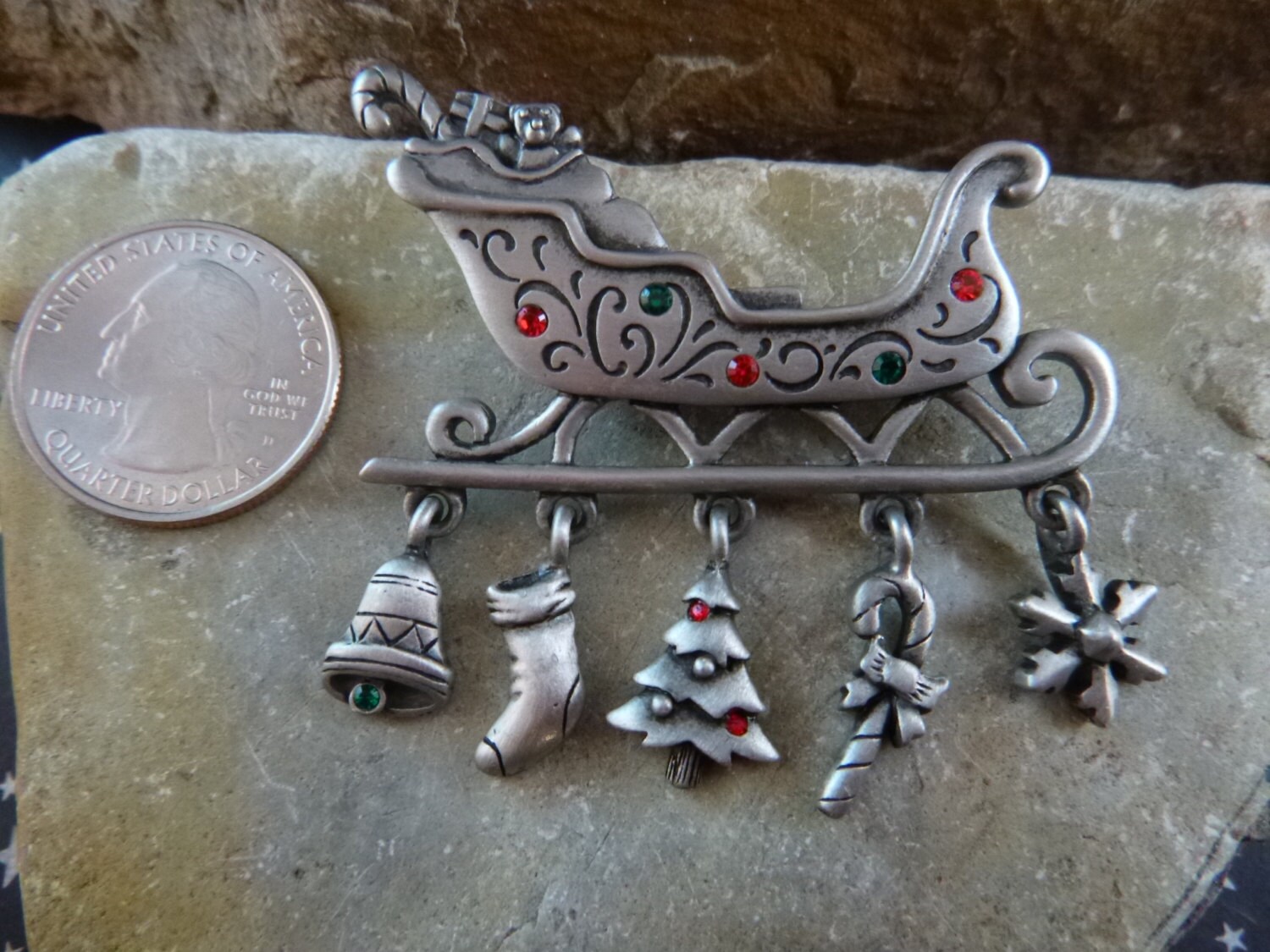 Christmas Santa Sleigh Vintage Pin with Bag of Presents and Dangling ...