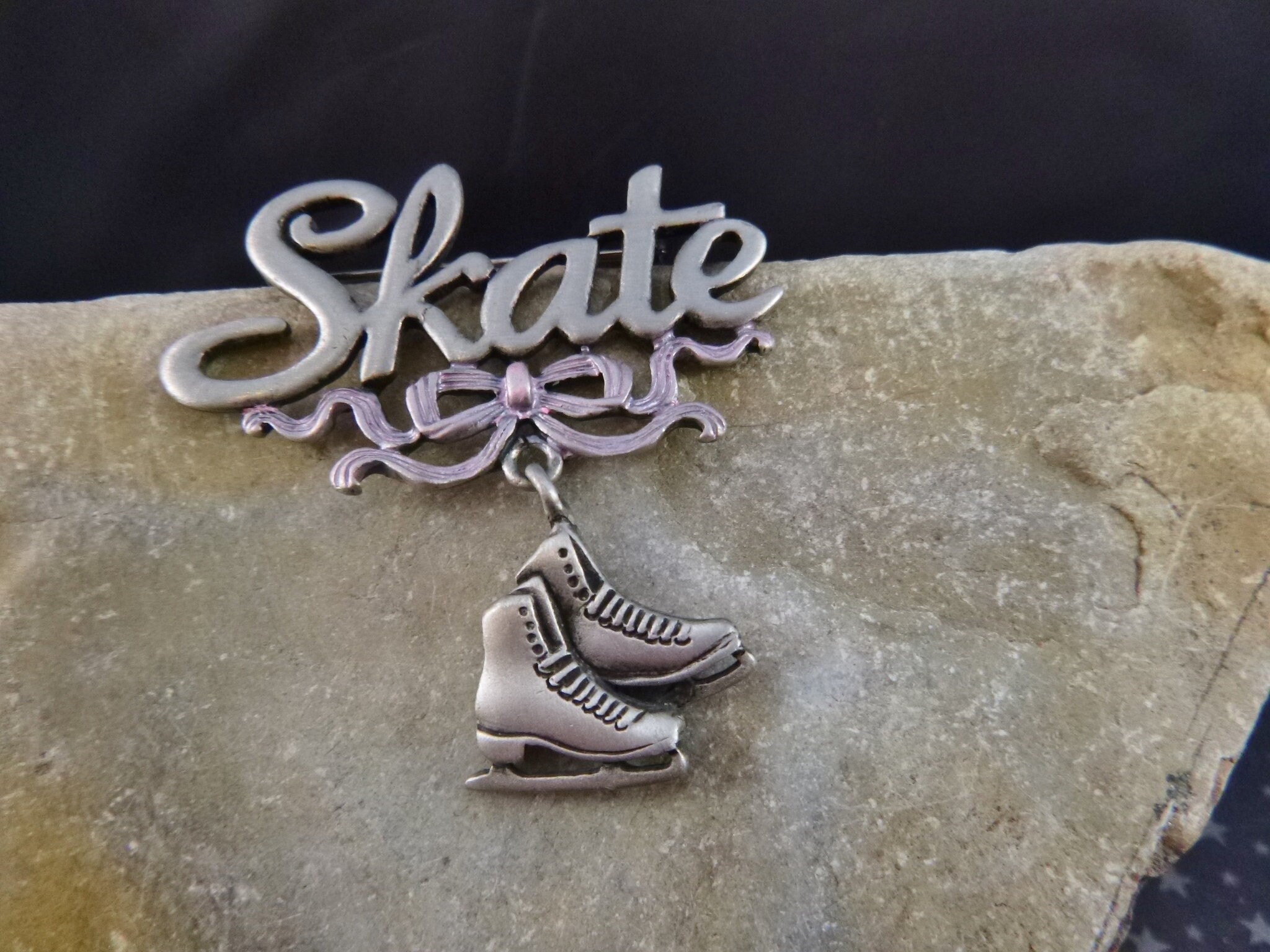 Ice Skater Vintage Pewter JJ Pin | Ice Skates Dangle From Pink Bow ...