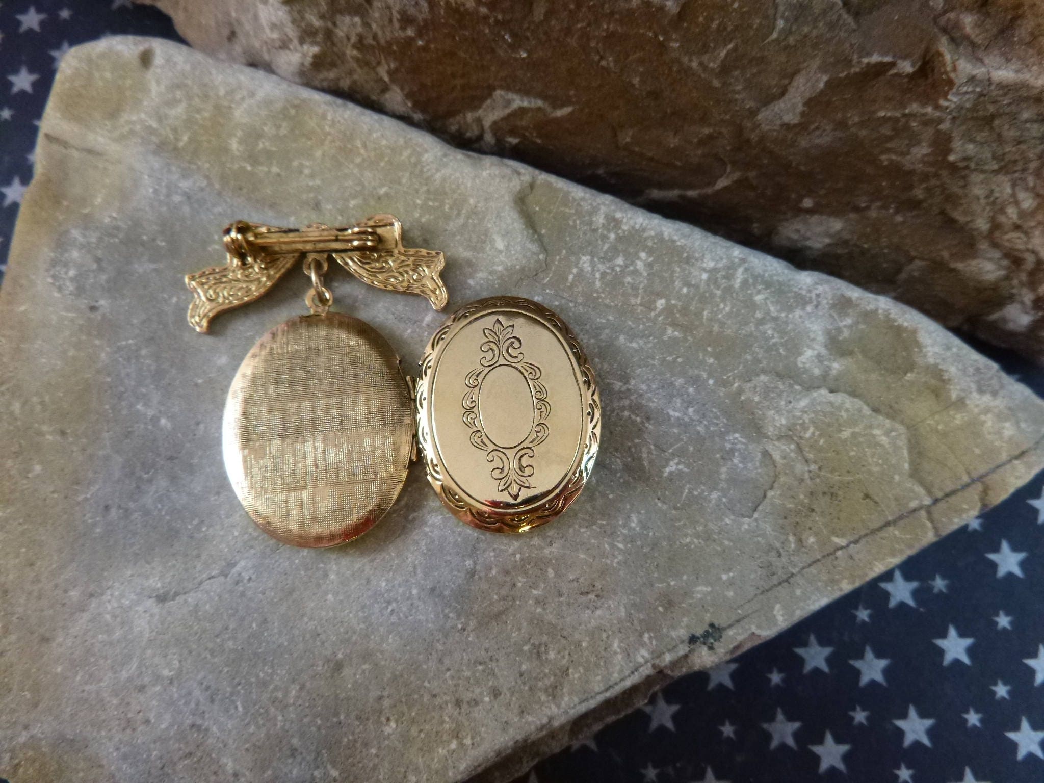 Victorian Revival Style Locket Brooch Dangling From Bow Locket Pin Holds Two Pictures